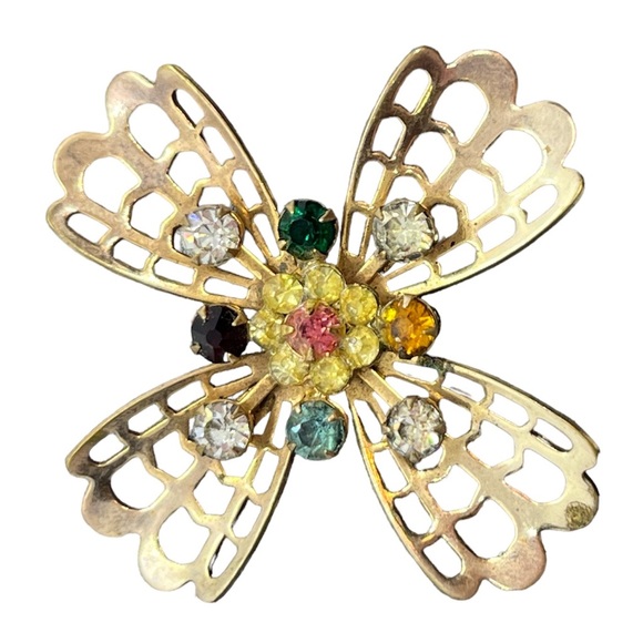 Jewelry | Vintage Gold Tone Multi Colored Rhinestone Brooch Pin Clover ...